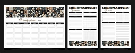 플래너는 지오메트리를 설정합니다 Weelky 목표 목록 플래너를 할 수 있습니다 플래너는 기하학적 모양으로 인쇄할 수 있는 템플릿입니다 달력에 대한 스톡 벡터 아트 및 기타