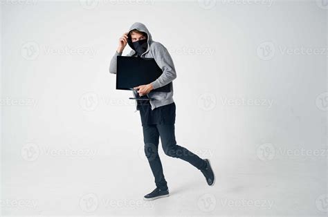 Male Thief Hooded Head Hacking Technology Security Light Background