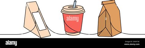 Set Of To Go Containers One Line Colored Continuous Drawing Empty Cardboard Boxes Bags For