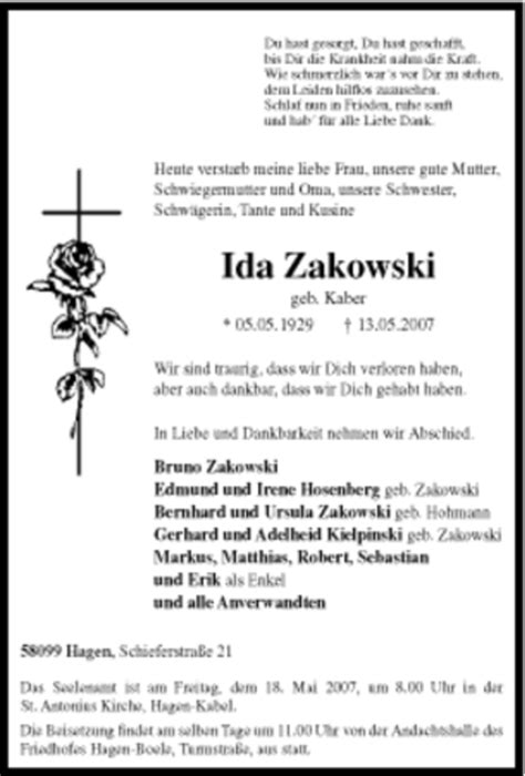 Traueranzeigen Von Ida Zakowski Trauer In Nrw De