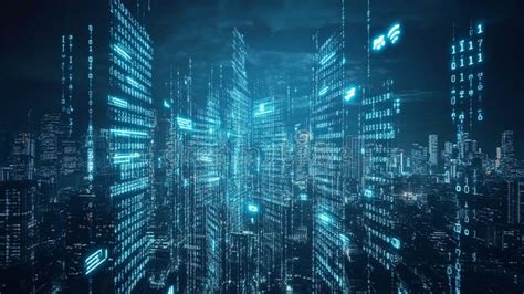futuristic cityscape digital binary code night skyline technology