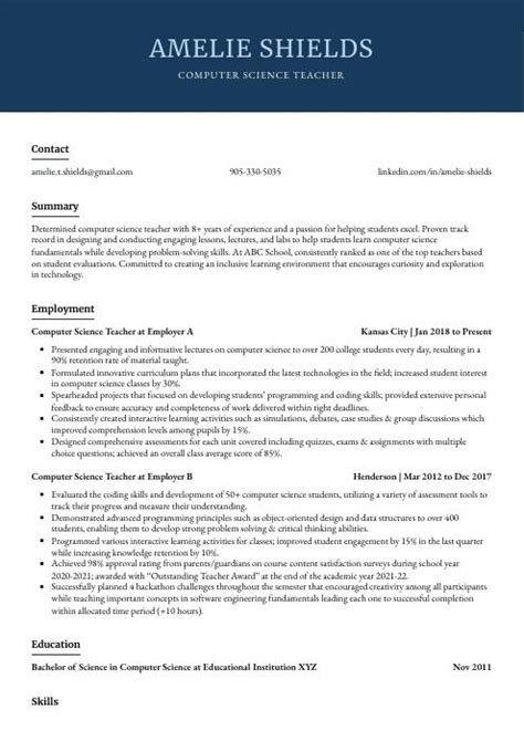 Computer Science Teacher Resume CV Example And Writing Guide