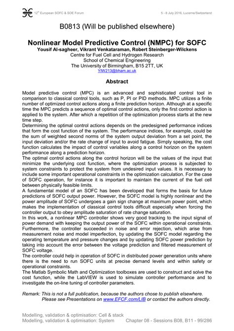 Pdf B0813 Nonlinear Model Predictive Control Nmpc For Sofc
