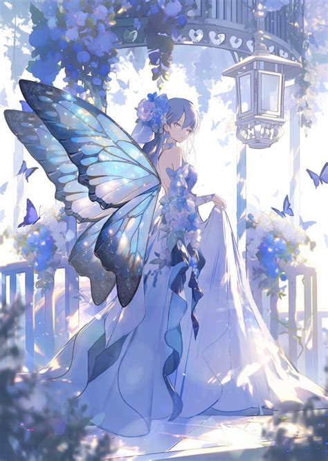 Mizuiro Abokado Original Absurdres Highres Girl Bare Shoulders Blue Butterfly Blue