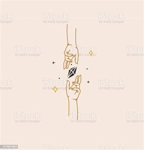 손으로 그린 벡터 추상 스톡 플랫 그래픽 일러스트와 로고 요소 인간의 손에 크리스탈 보석 돌의 보헤미안 마법 예술과 브랜딩을위한