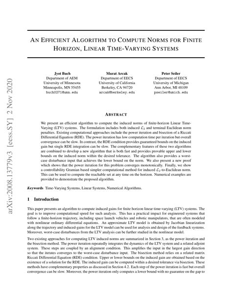 Pdf An Efficient Algorithm To Compute Norms For Finite Horizon Linear Time Varying Systems
