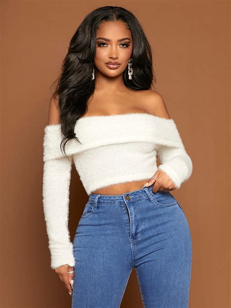 Shein Sxy Off Shoulder Fuzzy Crop Top