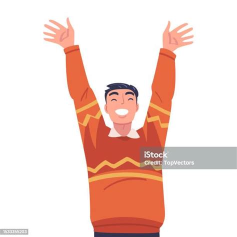 성공과 승리를 축하하는 행운의 남자는 흥분 벡터 일러스트레이션에서 손을 들고 있다 감정에 대한 스톡 벡터 아트 및 기타 이미지 감정 긍정적인 감정 표현 남자 Istock