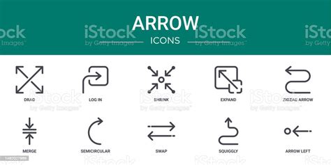 드래그 로그인 축소 확장 지그재그 화살표 병합 보고서 프리젠 테이션 다이어그램 웹 디자인 모바일 앱을위한 반원형 벡터 아이콘과 같은 10 개의 개요 웹 화살표 아이콘 세트