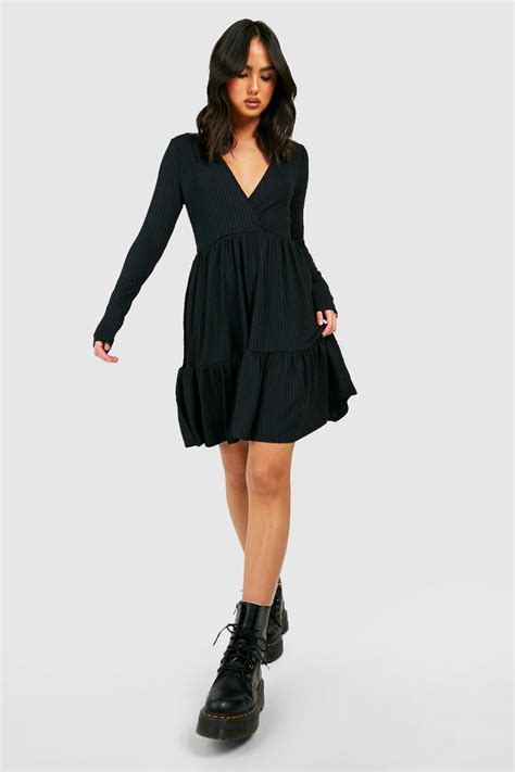 Ribbed Tiered Skater Dress Boohoo Uk