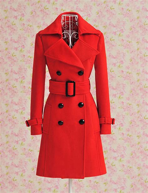 Women Red Double Breasted Wool Trench Coat Wool Slim Coat With Free Belt Winter Coat Classice