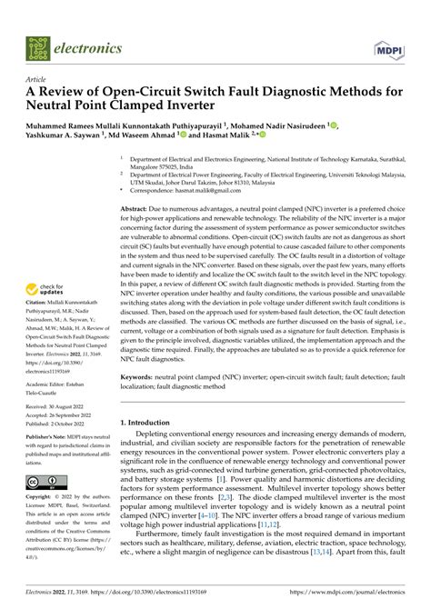 PDF A Review Of Open Circuit Switch Fault Diagnostic Methods For Neutral Point Clamped Inverter