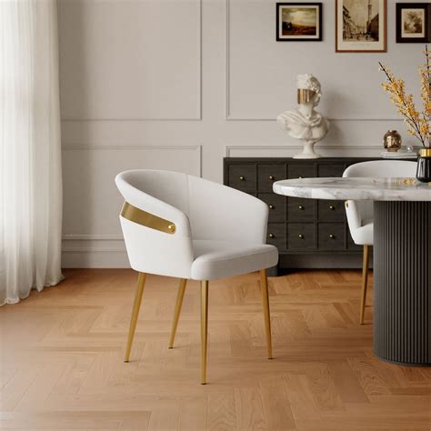 Modern White Pu Leather Dining Chair With Curved Back And Gold Legs Homary