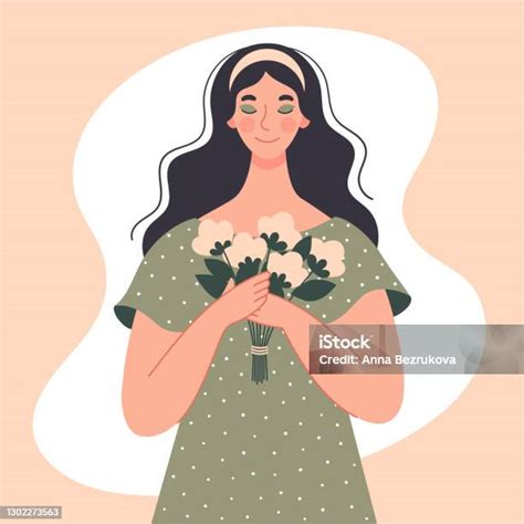 아름다운 한 여성이 손에 하얀 꽃다발을 들고 있다 세계 여성의 날 3월 8일 날짜 인사말 카드 스프링 벡터 일러스트레이션 팔