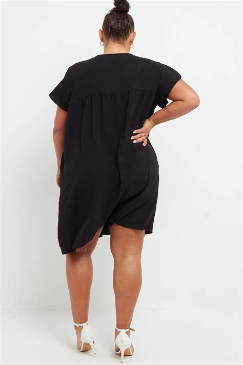 One Size Black Button Through Detail Short Sleeve Mini Dress With