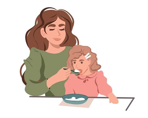 Premium Vector Mom Feeds Her Daughter With A Spoon At The Table