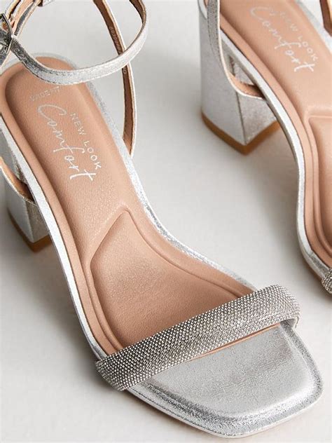 New Look Wide Fit Silver Diamante 2 Part Block Heel Sandals Very