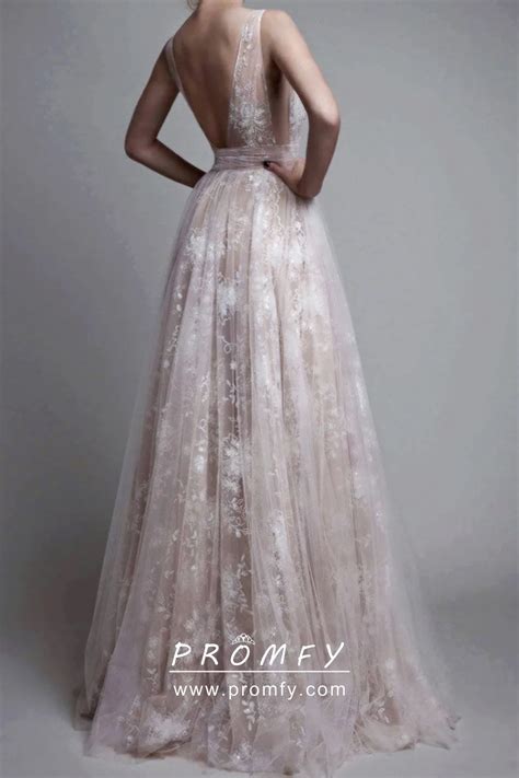Nude Lace Sheer Tulle Plunging V Neck Prom Dress Promfy