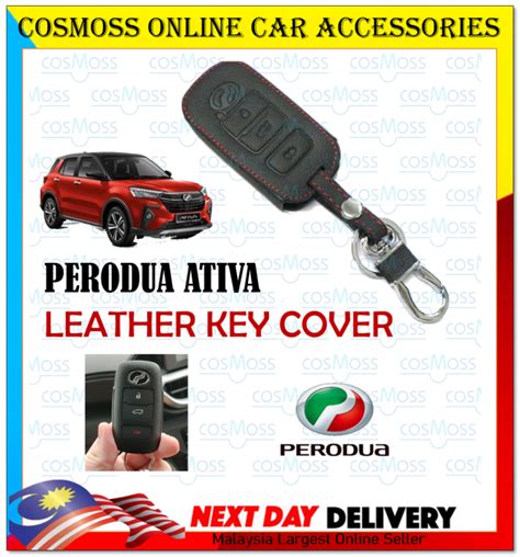 Perodua Ativa Myvi New 2022 3 Buttons Keyless Remote Leather Car Key Cover Case Black RedLine