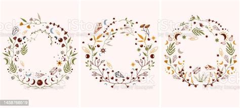 신비로운 나뭇잎 꽃 달 별이 있는 포스터의 벡터 세트 포스터 배너 화장품 스파에 적합한 텍스트 공간이있는 천체 디자인 보헤미안 포스터 벡터 그림 건조한에 대한 스톡 벡터