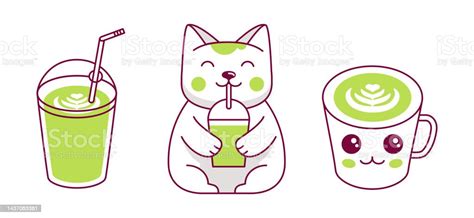 벡터 추상 로고 및 브랜딩 디자인 템플릿 트렌디 선형 최소 스타일 녹색 말차 컵 털 디저트 아이콘 세트 아시아 카페 메뉴 및 포장에 대 한 간단한 그림 마네키네코에 대한