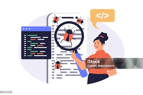 웹 사이트 디자인을위한 평면 만화 사람들과 함께 웹 개념을 테스트하는 소프트웨어 돋보기를 가진 여자 소프트웨어 오류를 찾고 프로그램 코드에서 버그를 찾고 코드를 수정하고