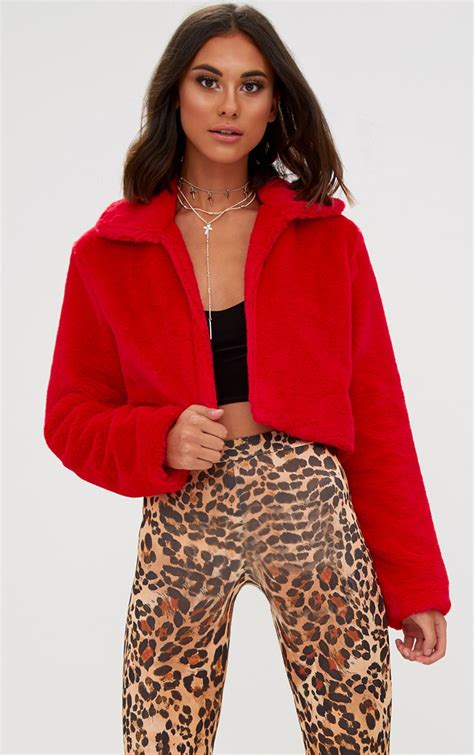 Red Cropped Faux Fur Coat Ph