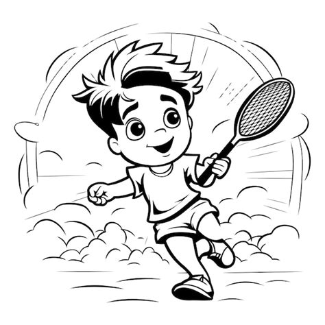 Un garçon de dessin animé jouant au badminton Illustration en noir et