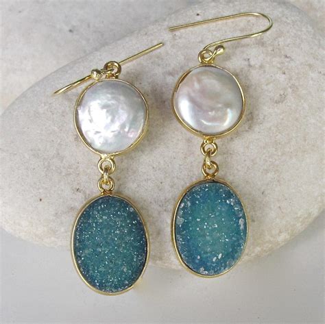 Pearl Druzy Earring Handmade 2 Stone Double Drop Gold Real Druzy Long