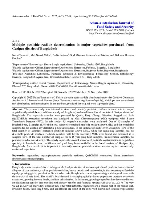 Pdf Multiple Pesticide Residue Determination In Major Vegetables Purchased From Gazipur
