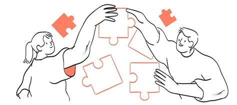 낙서 라인 스타일의 벡터 그림입니다 사람들은 함께 직소 퍼즐을 합니다 회사 직원 조정 효과적인 팀 빌딩 및 관리 인사 생산성 팀워크 리더십 개념 여자에 대한 스톡 벡터 아트