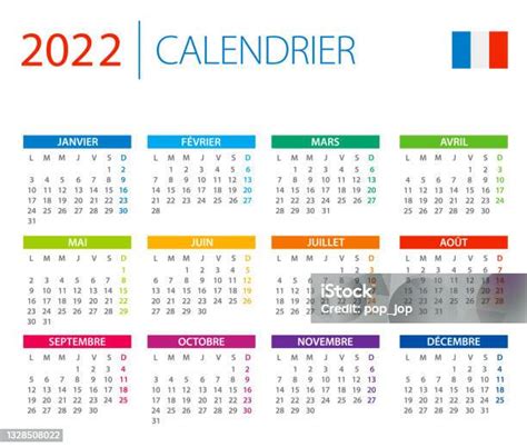 Календарь 2022 Франция Цветная Векторная Иллюстрация Версия На Французском Языке — стоковая
