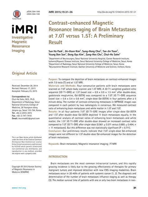 Pdf Contrast Enhanced Magnetic Resonance Imaging Of Brain Metastases At 7 0t Versus 1 5t A