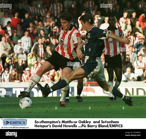 Southamptons Matthew Oakley Left Is Blocked By Tottenham Hotspurs David Howells Right Stock