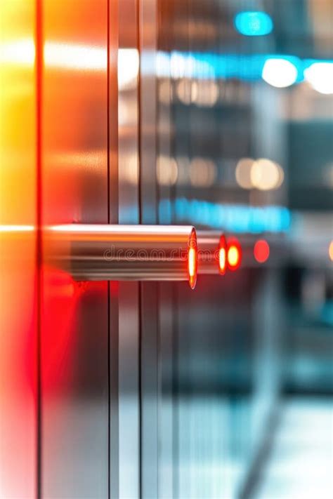 Futuristic Data Center Corridor With Red Led Lights On Server Panels