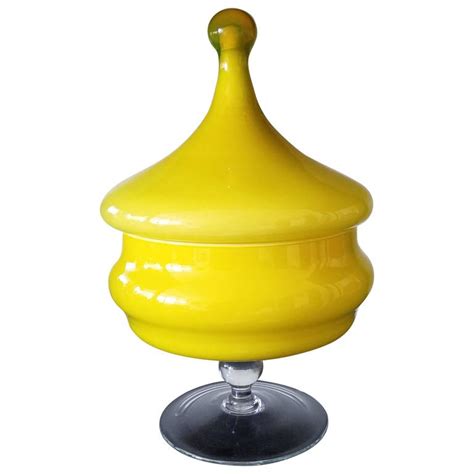 Vintage Italian Empoli Mid Century Glass Yellow Compote And Cover At
