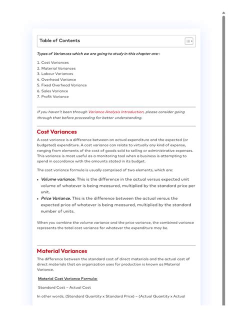 Types Of Variance Cost Material Labour Overhead Fixed Overhead
