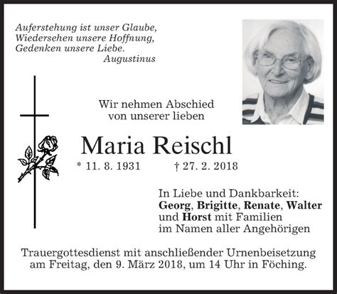 Traueranzeigen Von Maria Reischl Trauermerkurde
