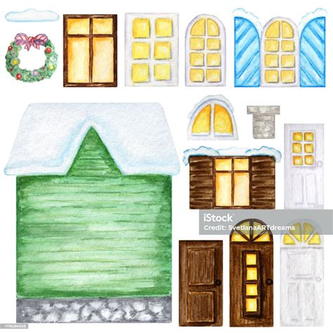 흰색 배경에 귀여운 만화 녹색 집 창문 문 크리스마스 장식 생성자 요소는 집 디자인을 만들기위한 완벽한 설정합니다 수채화 일러스트레이션입니다 개념에 대한 스톡 벡터 아트 및