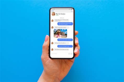 premium photo woman using messaging app on her phone mockup of sample