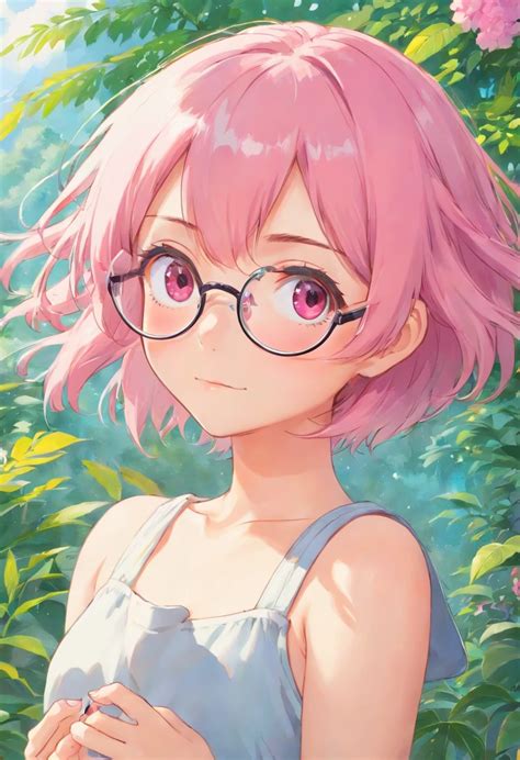 Anime Girl With Pink Hair And Glasses Standing In Front Of A Bush