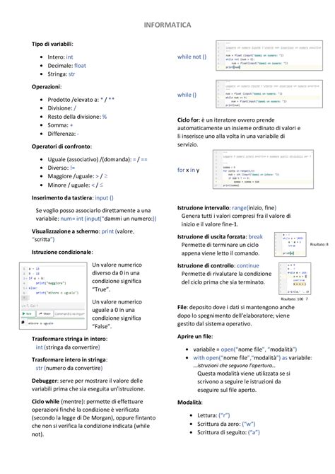 Formulario Di Informatica Linguaggio Python E Sql Schemi E Mappe Concettuali Di Fondamenti