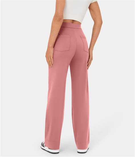 Womens High Waisted Button Multiple Pockets Straight Leg Casual Pants Halara