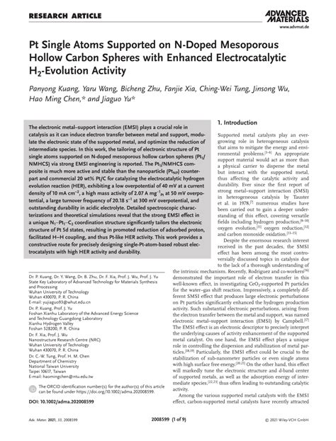Pt Single Atoms Supported On N‐doped Mesoporous Hollow Carbon Spheres With Enhanced
