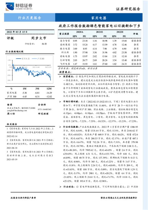 家用电器行业月度报告：政府工作报告鼓励绿色智能家电以旧换新和下乡