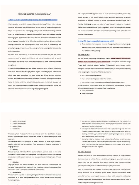 Nlp Summary Pdf Neuro Linguistic Programming Learning