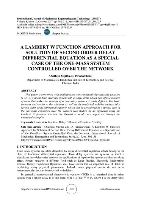 Pdf A Lambert W Function Approach For Solution Of Second Order Delay