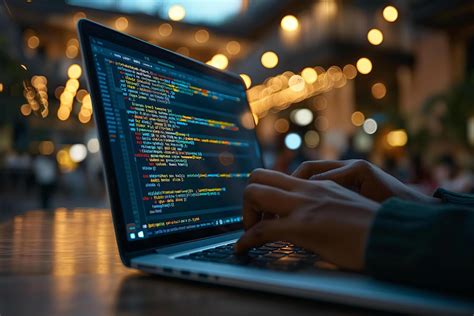 Hands Typing Code On A Laptop Keyboard In A Dimly Lit Bokeh Filled