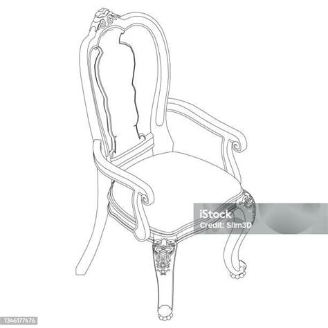 흰색 배경에 고립 된 검은 색 선에서 장식 의자의 윤곽 등등 측정 보기 벡터 일러스트레이션 가구에 대한 스톡 벡터 아트 및 기타