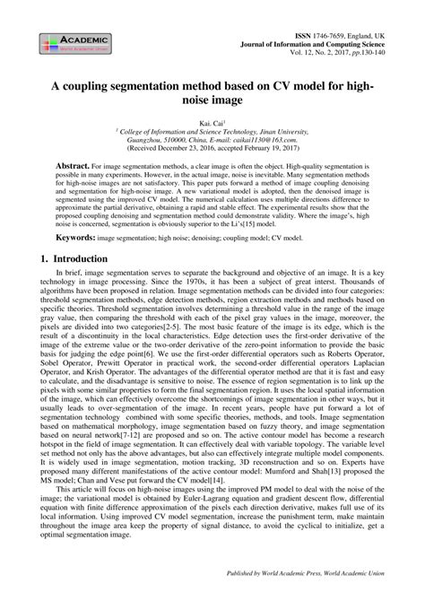 Global Science Press A Coupling Segmentation Method Based On Cv Model